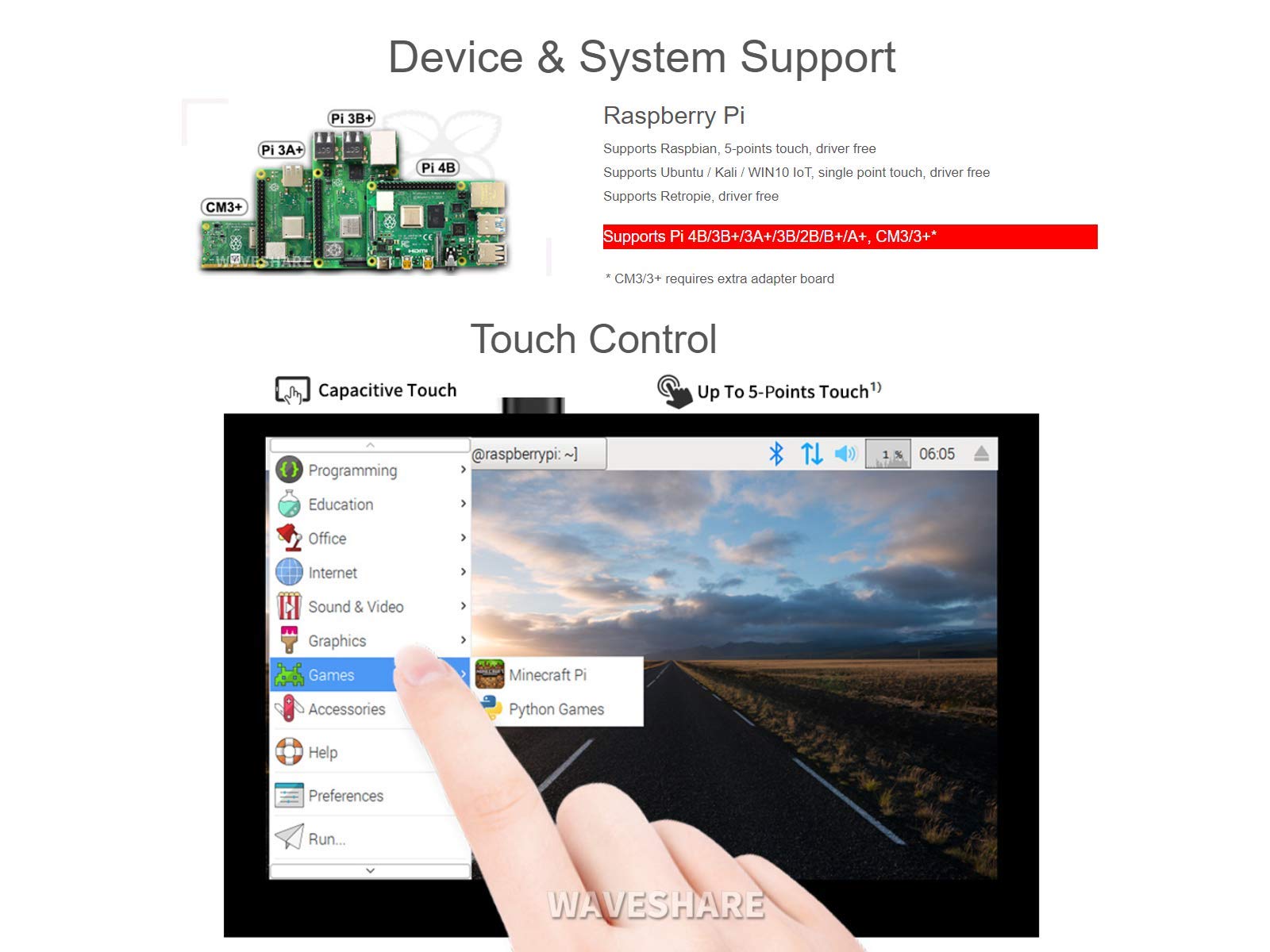 Waveshare 5 Inch Touch Screen for Raspberry Pi DSI LCD Screen Monitor 800×480 Display for Raspberry Pi 4B 3B+ 3A+ 3B 2B B+ A+ CM3/3+ Compatible with Raspbian Ubuntu Kali WIN10 IoT RetroPie