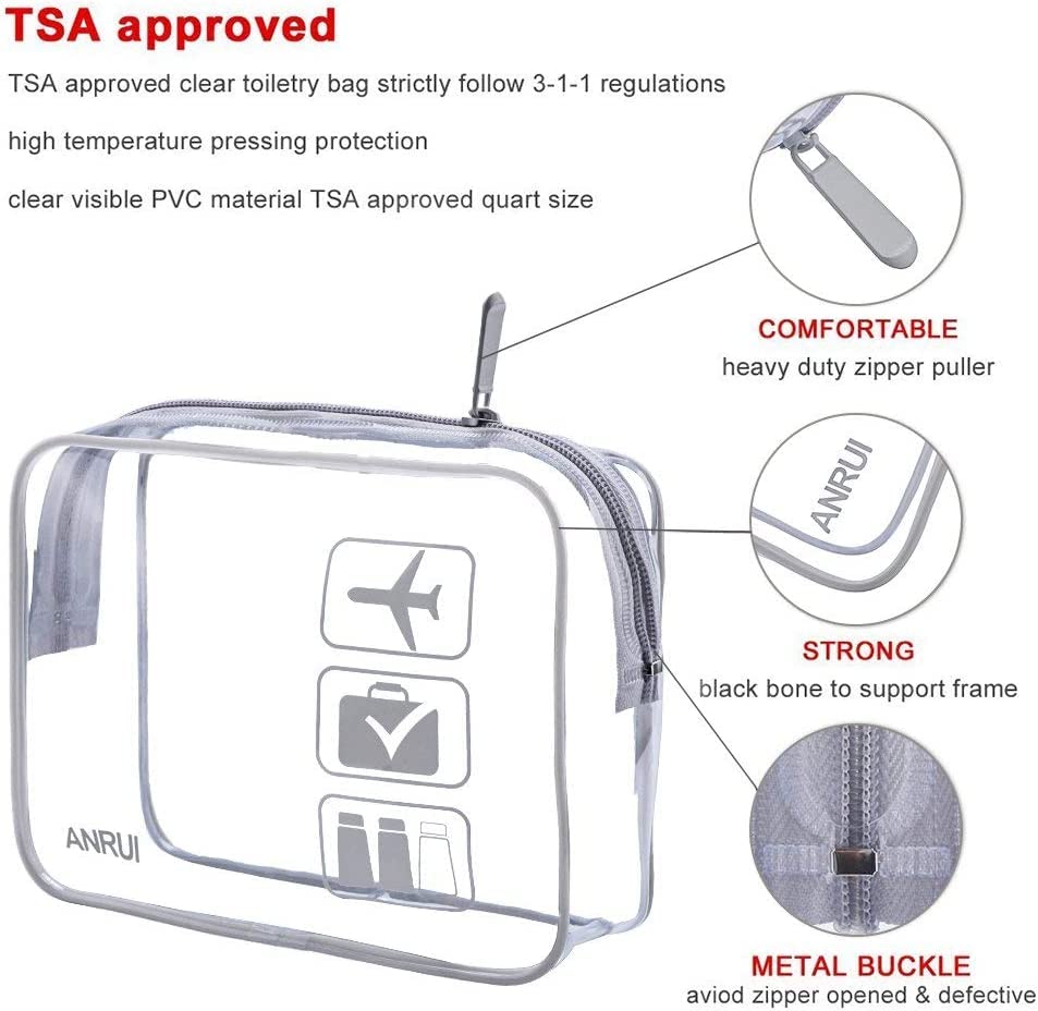ANRUI TSA Approved Toiletry Bag, Quart Size Travel Toiletry Bags, Clear Toiletry bag Carry On Airport Airline Compliant Bag, Clear Pouch Bag 3 Pack, Grey