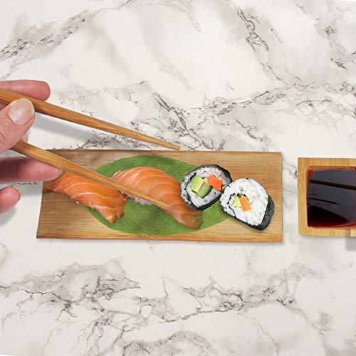 BambooMN 6 Piece, 2 Sets of 7" Reusable, Eco-Friendly, Carbonized Brown Bamboo Sushi Serving Plates/Trays: Chopsticks, and Soy Sauce Dishes Included!