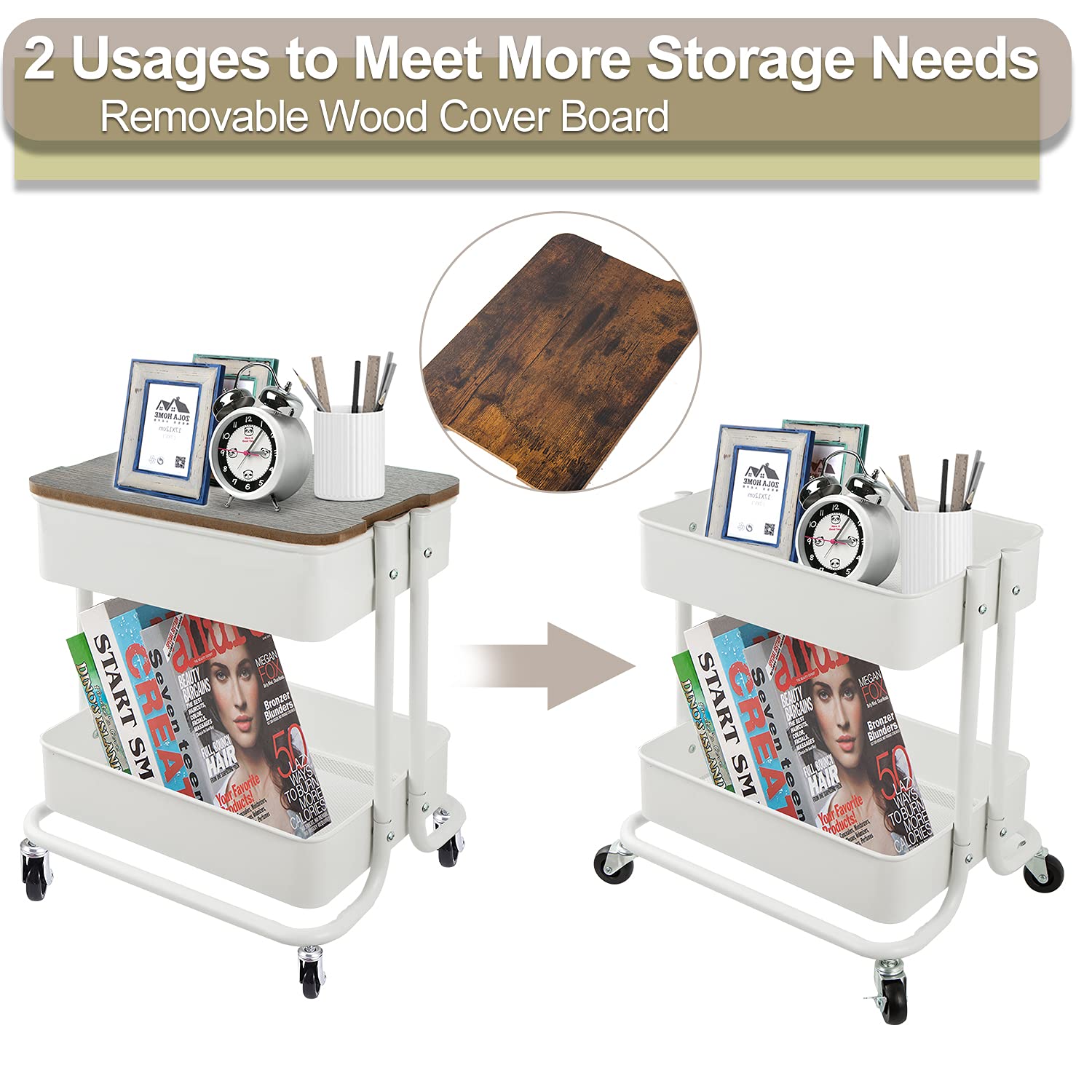 2 Tier Metal Utility Rolling Cart Storage Organizer with Cover Board, Mobile Trolley Sofa Side Table with Wheels for Office Home Kitchen Organization, White