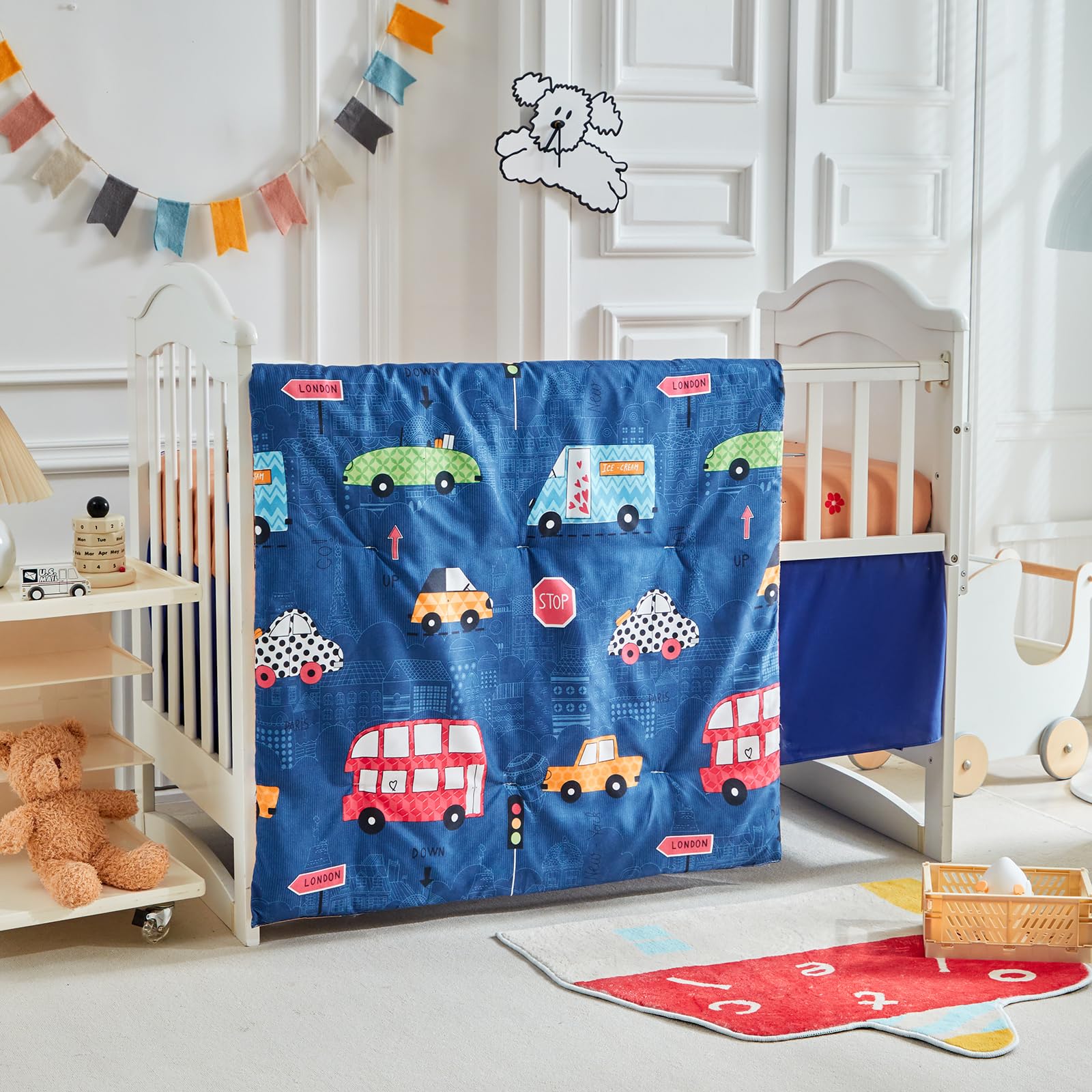 3 Pieces Pinch Pleated Summer Crib Bedding Set Silk Satin Solid Color Gray Cute Baby Comforter with Ruffle Fringe Unisex Pintuck Crib Fitted Sheet with Pillowcases for Boys and Girls