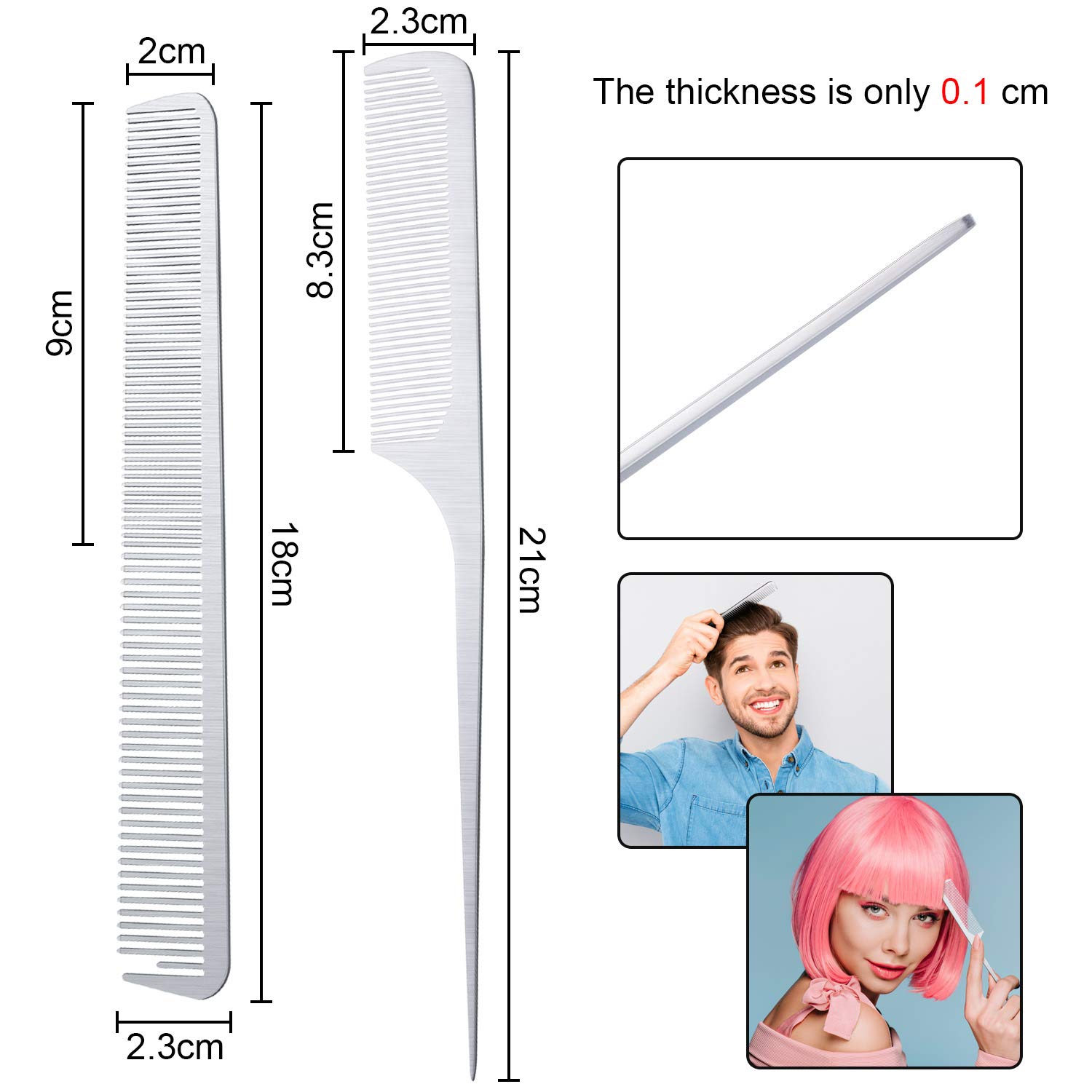 Boao 2 Pieces Metal Tail Combs Stainless Steel Fine Cutting Comb for Hair Styling Cutting(Silver)