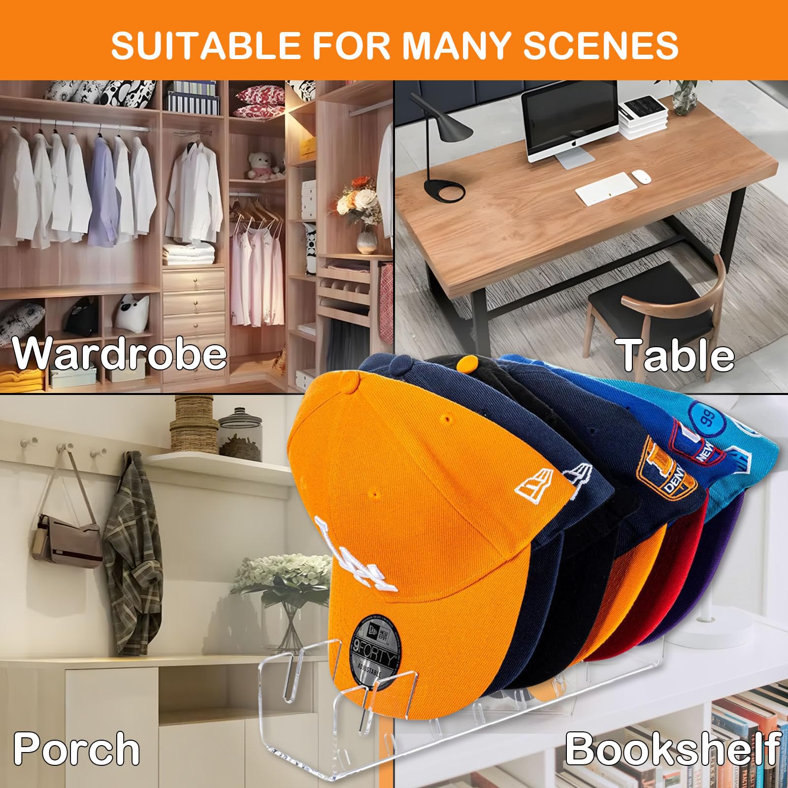 2024 New 2Pcs Hat Stand Hat Organizer for 14 Baseball Caps Hat Racks Acrylic Cap Holder Display for Bedroom,Office,Closet, Dresser (Transparent)
