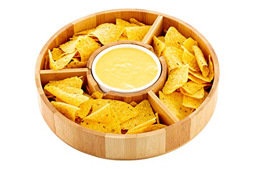 Chip and Dip Serving Bowl β Wooden Appetizer Platter Set with Dip Cup for Salsa, Guacamole, Nacho, Vegetables, Taco Chip, Snacks and More β 12 Inch Diameter