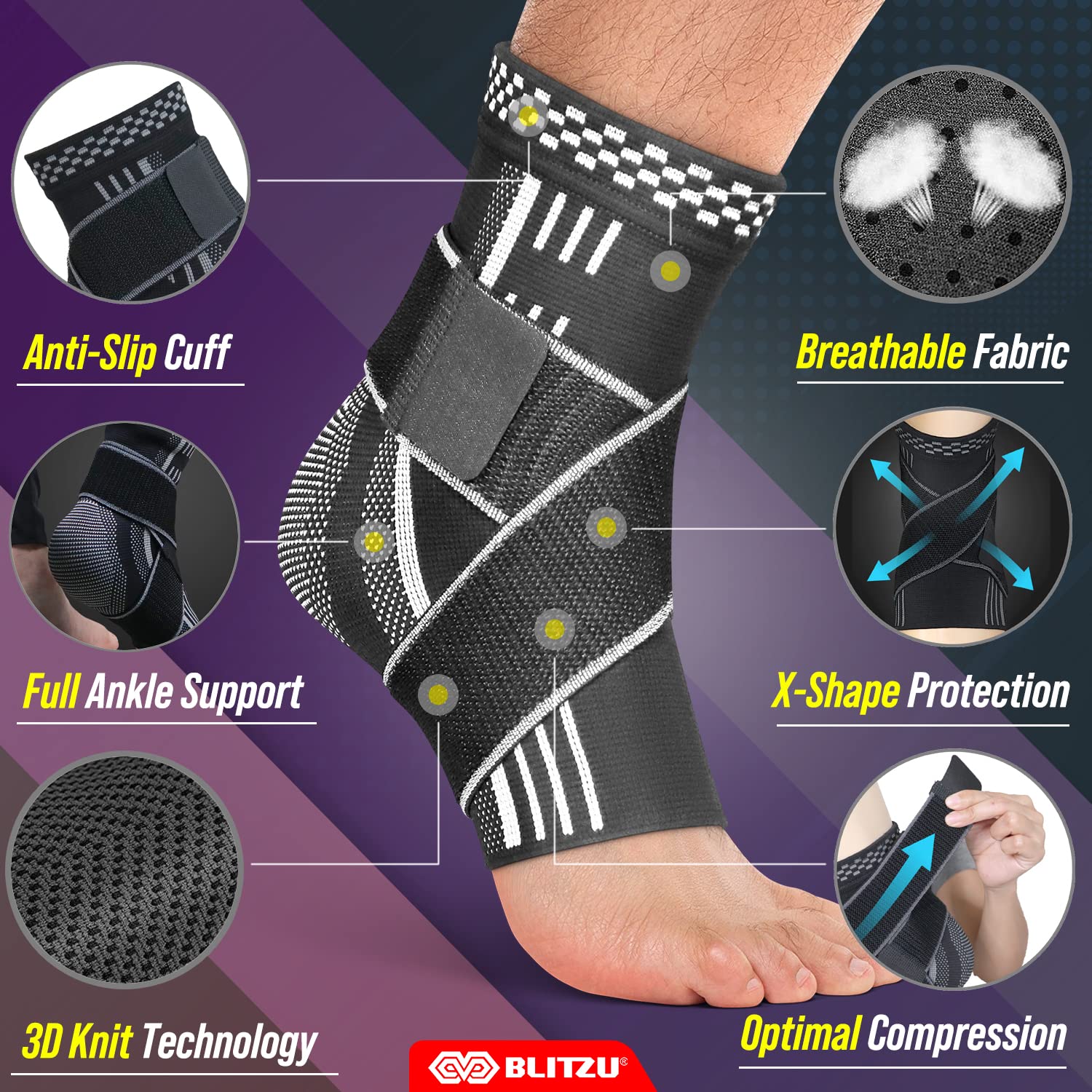 BLITZU Ankle Brace for Women, Men, Plantar Fasciitis Relief, Achilles Tendonitis Brace for Sprained Foot, Ankle Compression Sleeve with Strap Black XL