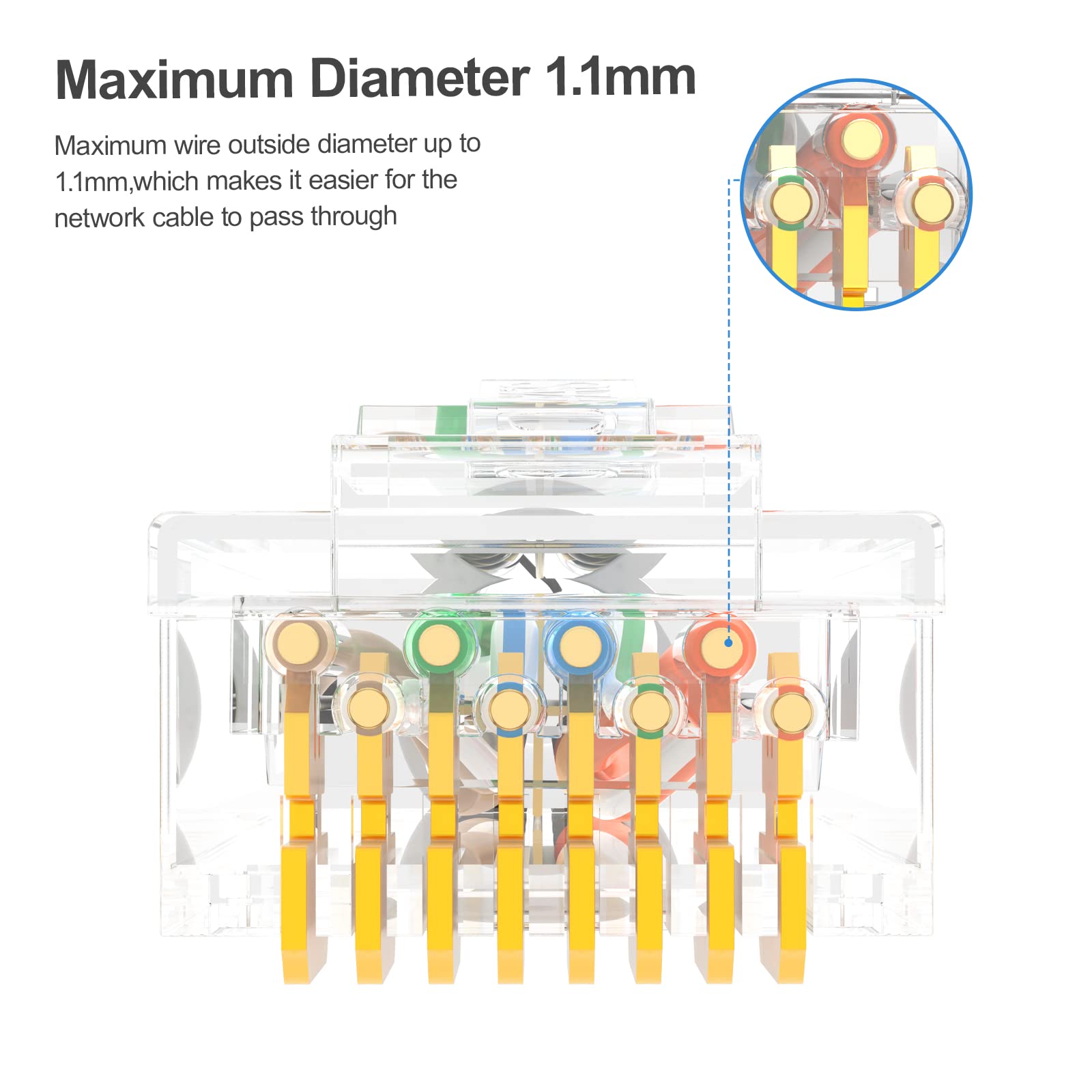 AUCAS 2 Piece Cat6 RJ45 Connector, End, Modular Plug, Connection, Gold Plated 50μ 8P8C for 23-24 AWG, Wire 1.0-1.1mm UTP Unshielded Cat6 Cat5e Solid or Stranded Ethernet Network Cable, 50 Pack