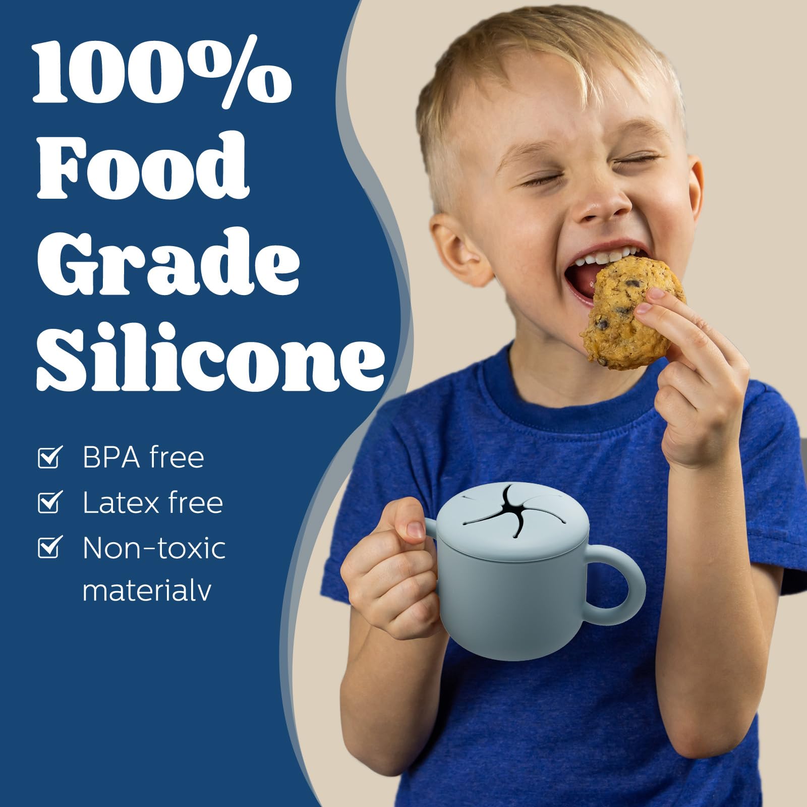 2 Pack Silicone Snack Cup Toddlers Sippy Cup Snack Containers with Double Handles Removable Lid for Toddler Baby Infants Training Cup for 6 Month+ (Army Green, Grayish Blue, 2 Pack)