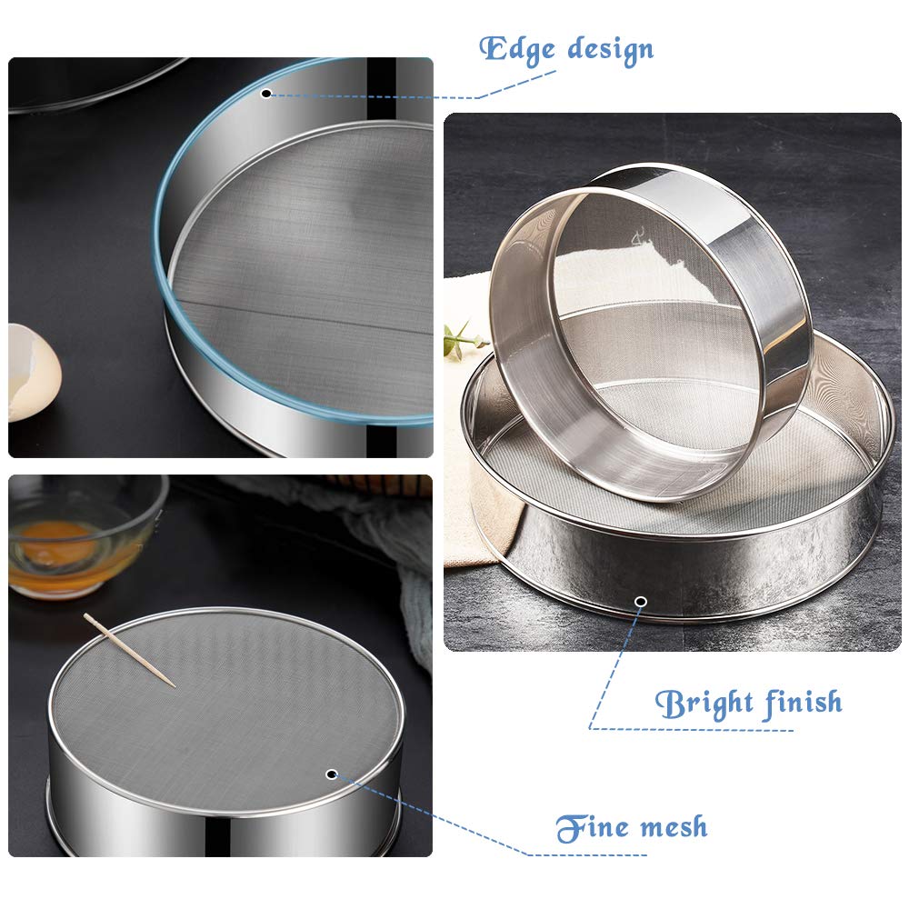 2 Pack Flour Sifter for Baking,Stainless Steel Fine Mesh Strainers,60 Mesh Round Sifter Steel for Baking Cake Bread (8-Inch and 10-Inch)