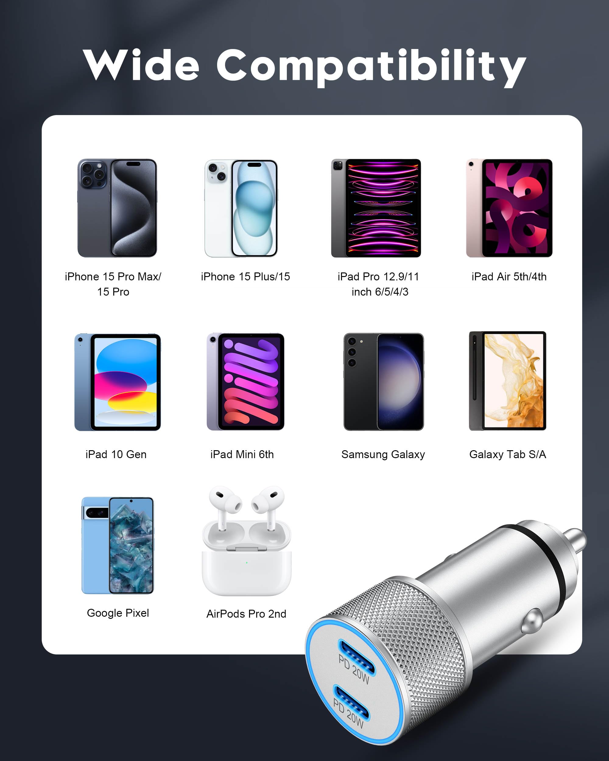 2-Pack 40W Dual Port USB C Car Charger for iPhone 15/15 Pro Max - With 3FT C to C Cable
