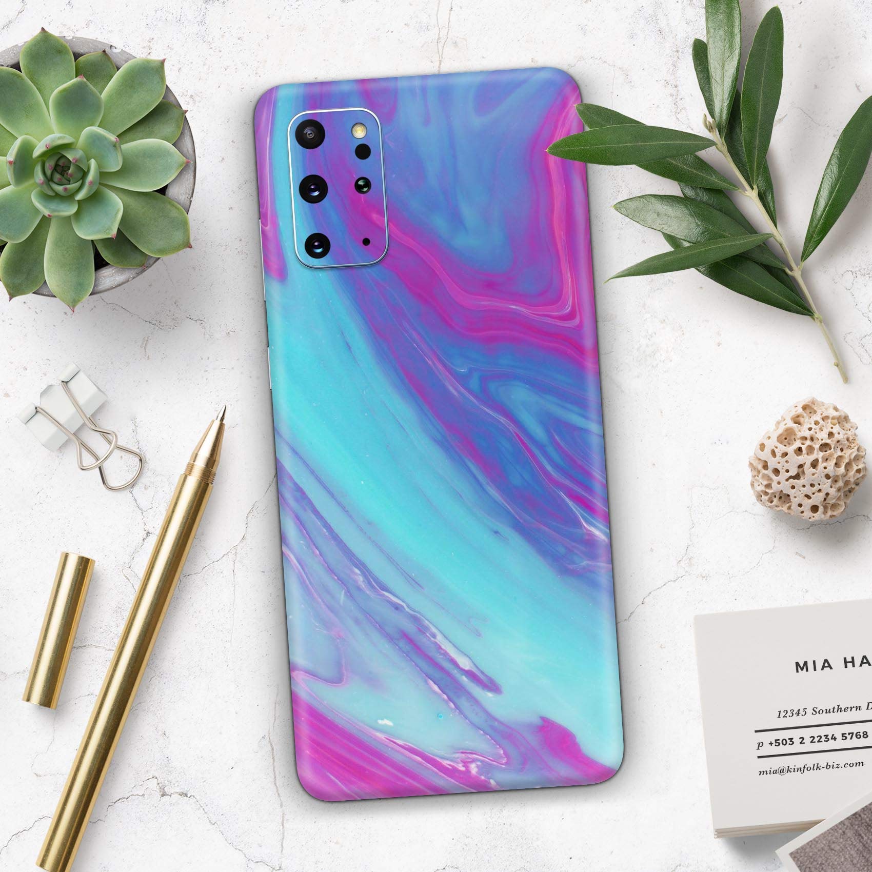 DesignSkinz Marbleized Pink Ocean Blue v32 Protective Vinyl Decal Wrap Skin Cover Compatible with The Samsung Galaxy S20 (Screen Trim & Back Glass Skin)