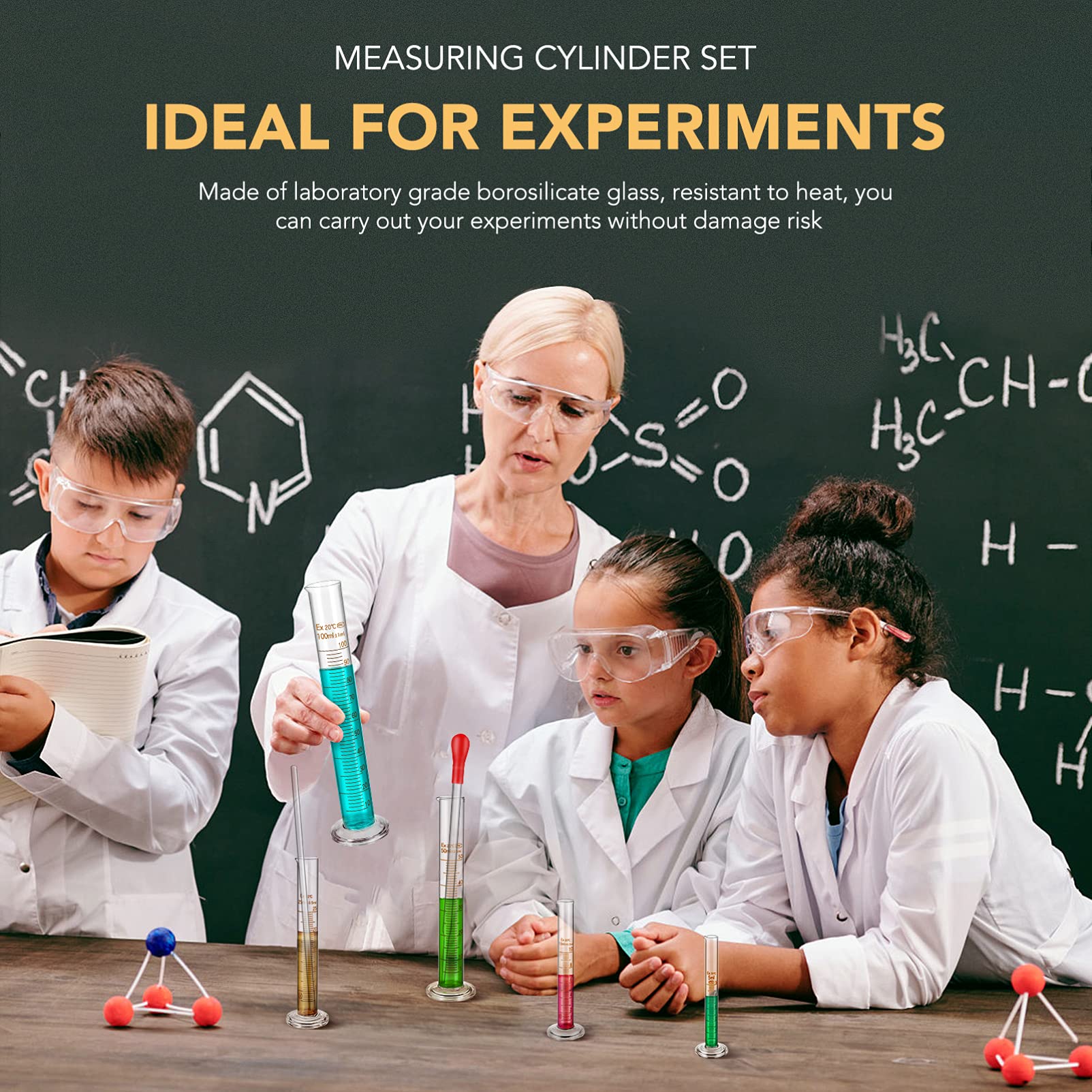 Glass Graduated Measuring Cylinders Set 5ml 10ml 25ml 100ml Thick Lab Cylinders 3 Droppers 2 1 Stirring Rod Cylinders Set