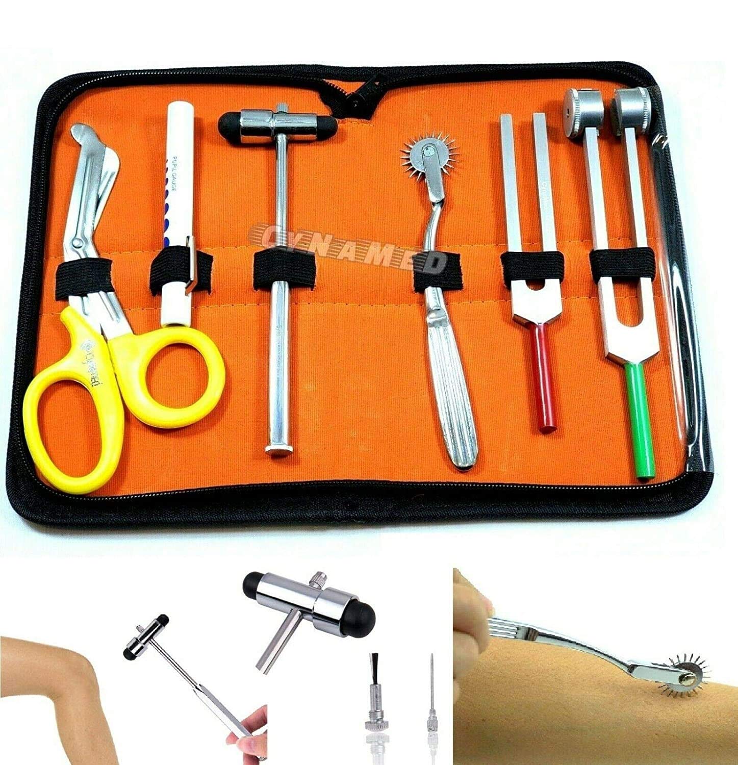 6 Piece Student Diagnostic Kit - Reflex Hammer and Tuning Fork Set C 128 and C 512. Includes Wartenberg Pinwheel, Penlight and Bandage Scissors 7.5”
