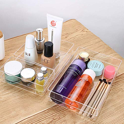 Puricon [10 Pcs] Desk Drawer Organizers, Plastic Clear Organizing Bins, Bathroom Organizers Storage Container Vanity Tray for Makeup Dresser Toilet Kitchen Office
