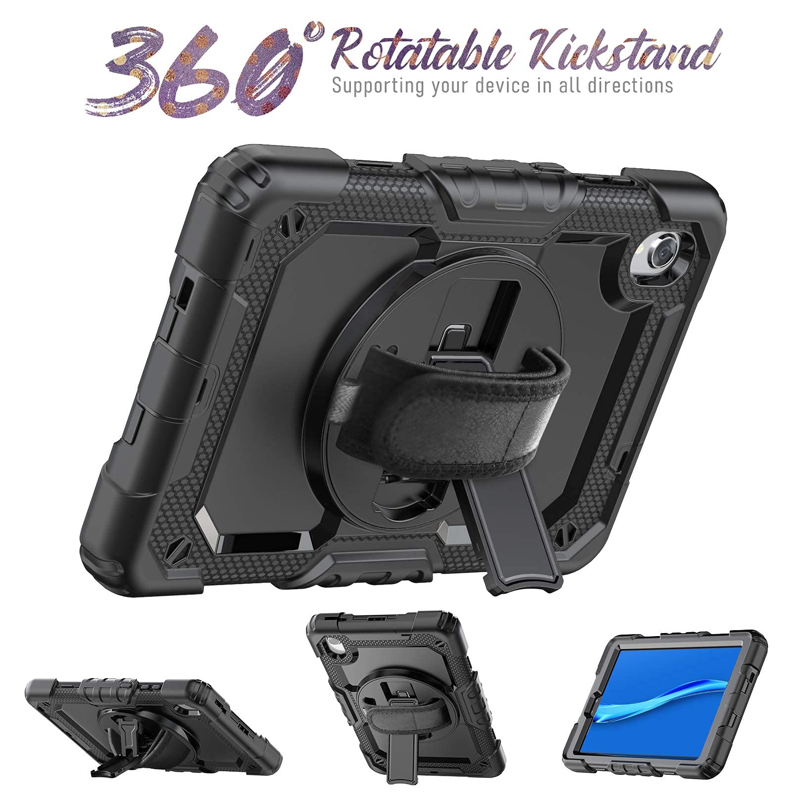 HXCASEAC Case for Lenovo Tab M8 (HD/FHD/Smart) 2019/2021 3rd/2nd Gen (TB-8506FS TB-8506F TB-8505F TB-8505X TB-8505FS TB-8705F TB-8705N), M8 Tablet Case Screen Protector/Hand Strap/Stand, Black