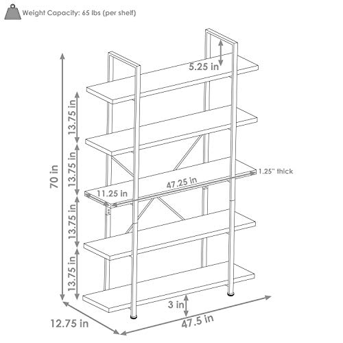 Sunnydaze 5-Tier Bookshelf - Industrial Style with Freestanding Open Shelves with Veneer Finish - Holds Books, Media, Storage Cubes, DVDs and More - Oak Gray