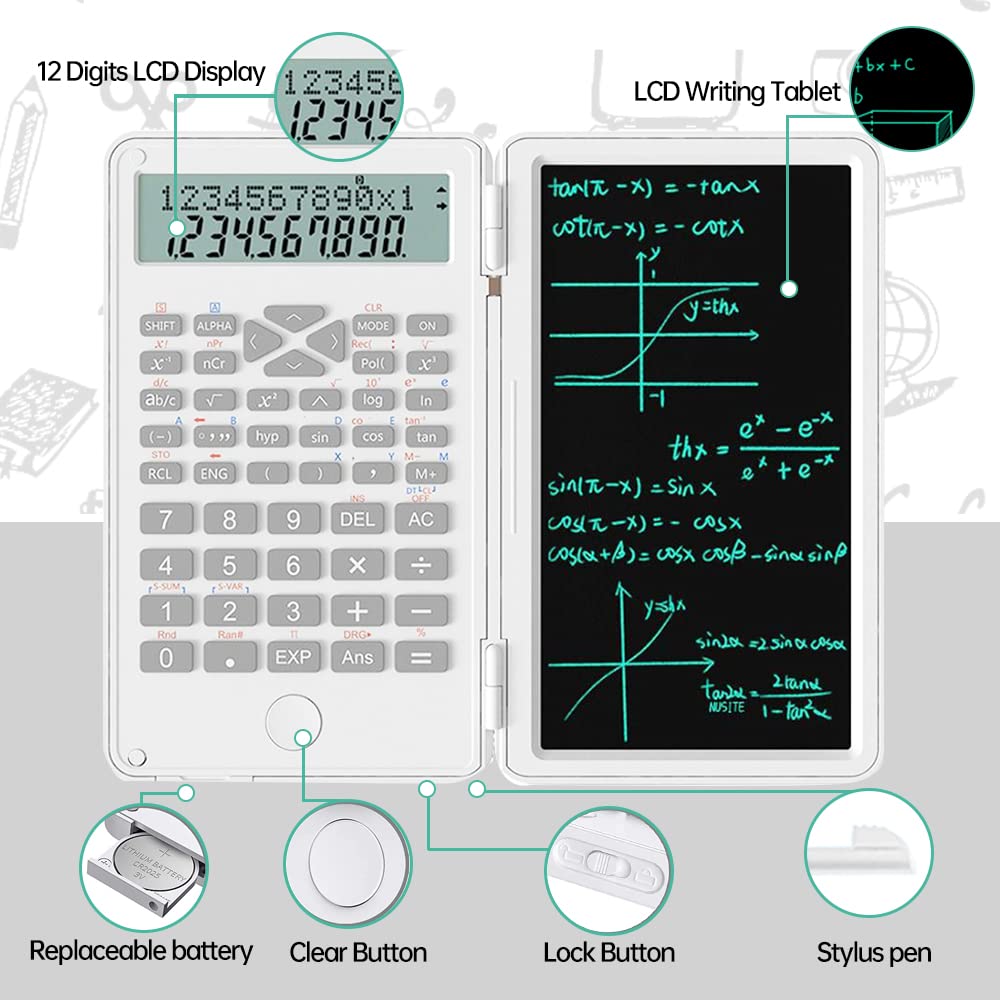2 in 1 Scientific Calculator with Writing Tablet, Desktop Pocket LCD Science Calculator Notepad Professional Financial Calculator for Home School Office Business(White)