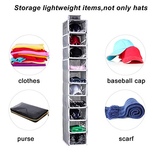 KEEGH Hat Organizer for Closet Hanging Hat Rack Cap Holder Closet Organizer for Baseball Storage 10 Shelf Cap Organizer with Dust Cover and Side Mesh Pockets