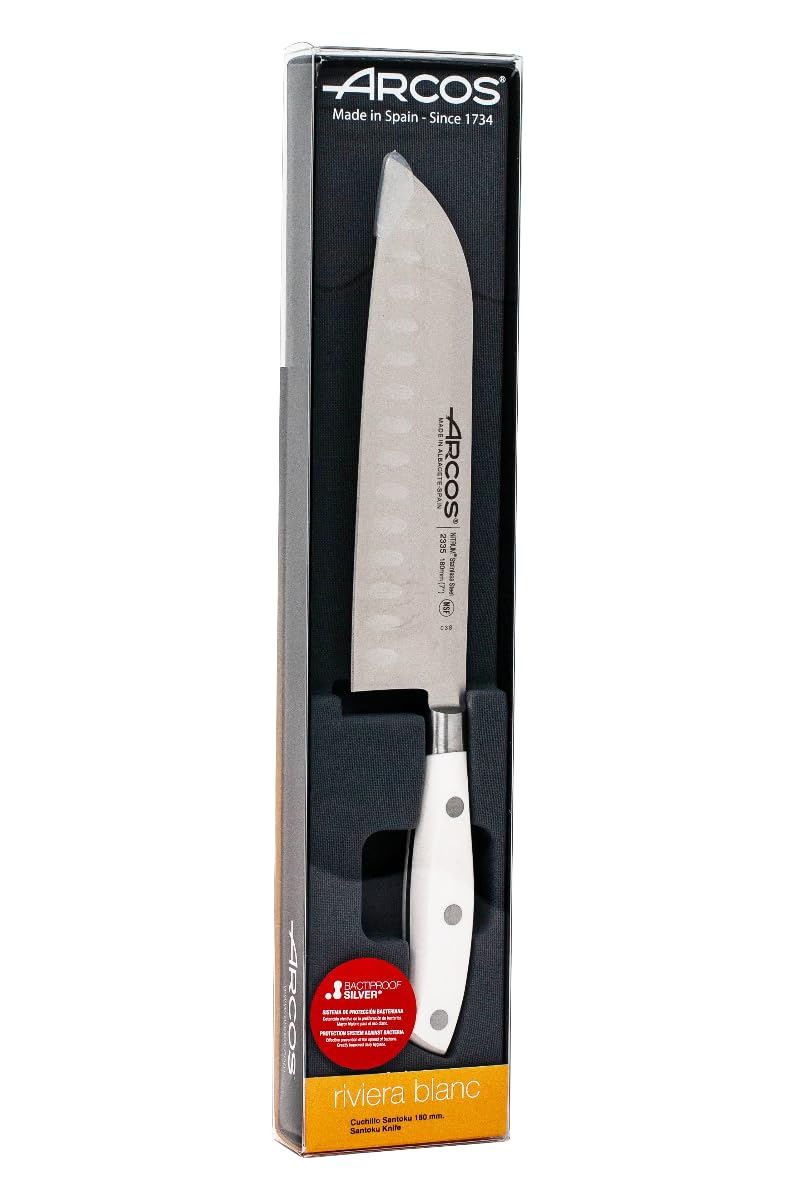 ARCOS Forged Santoku Knife 7 Inch Stainless Steel. Japanese Sharp Knife For Cutting Meat, Fish and Vegetables. Ergonomic Polyoxymethylene Handle and 180mm Blade. Series Riviera Blanc. Color White,