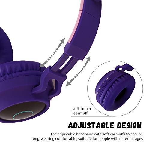 Luckyu Kids Bluetooth 5.0 Cat Ear Headphones Foldable On-Ear Stereo Wireless Headset with Mic LED Light and Volume Control Support FM RadioTF CardAux in Compatible with Smartphones PC Tablet (Red)
