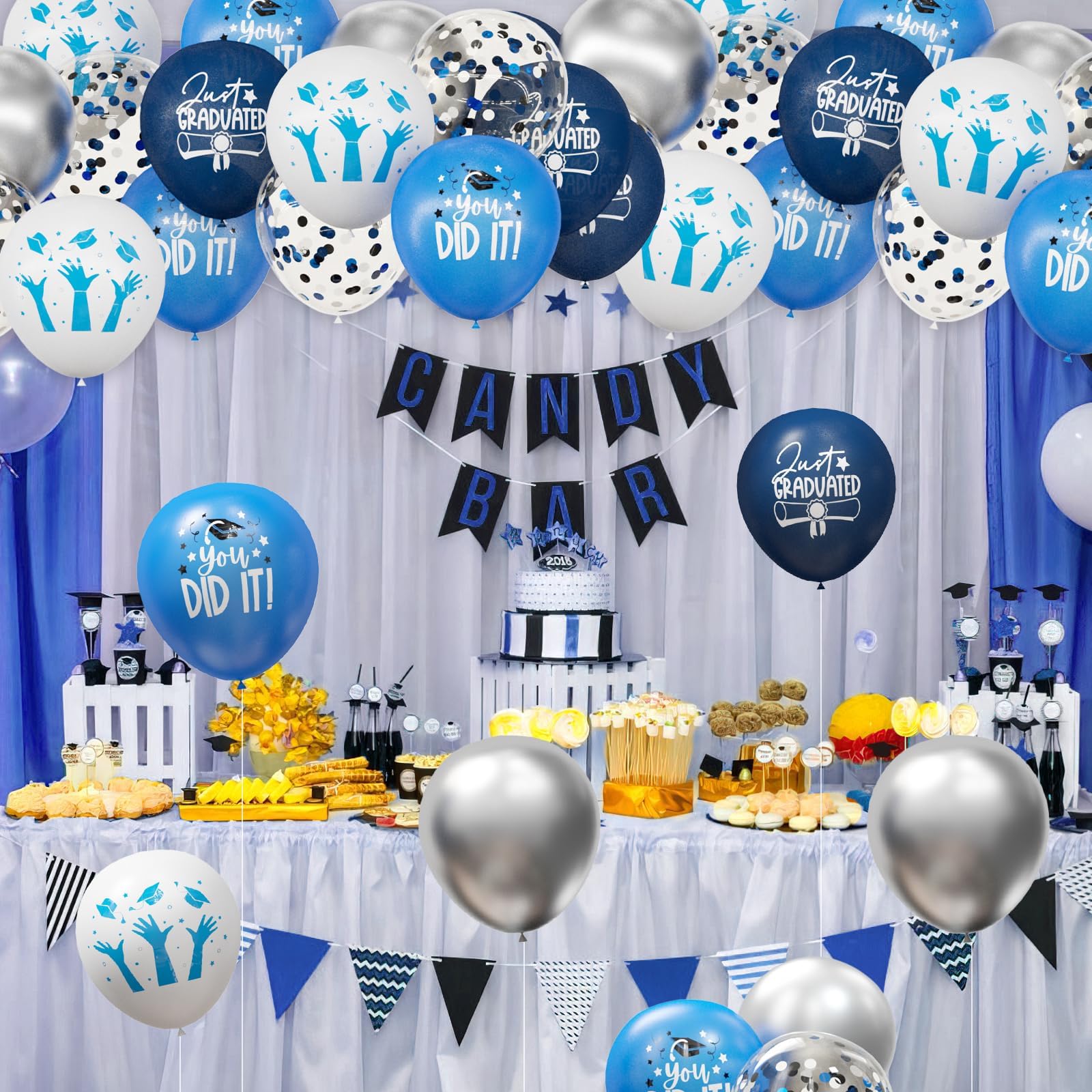 2024 graduation party decorations, 70pcs graduation balloons blue and white graduation decorations for college high school class of 2024 congrats grad party decor