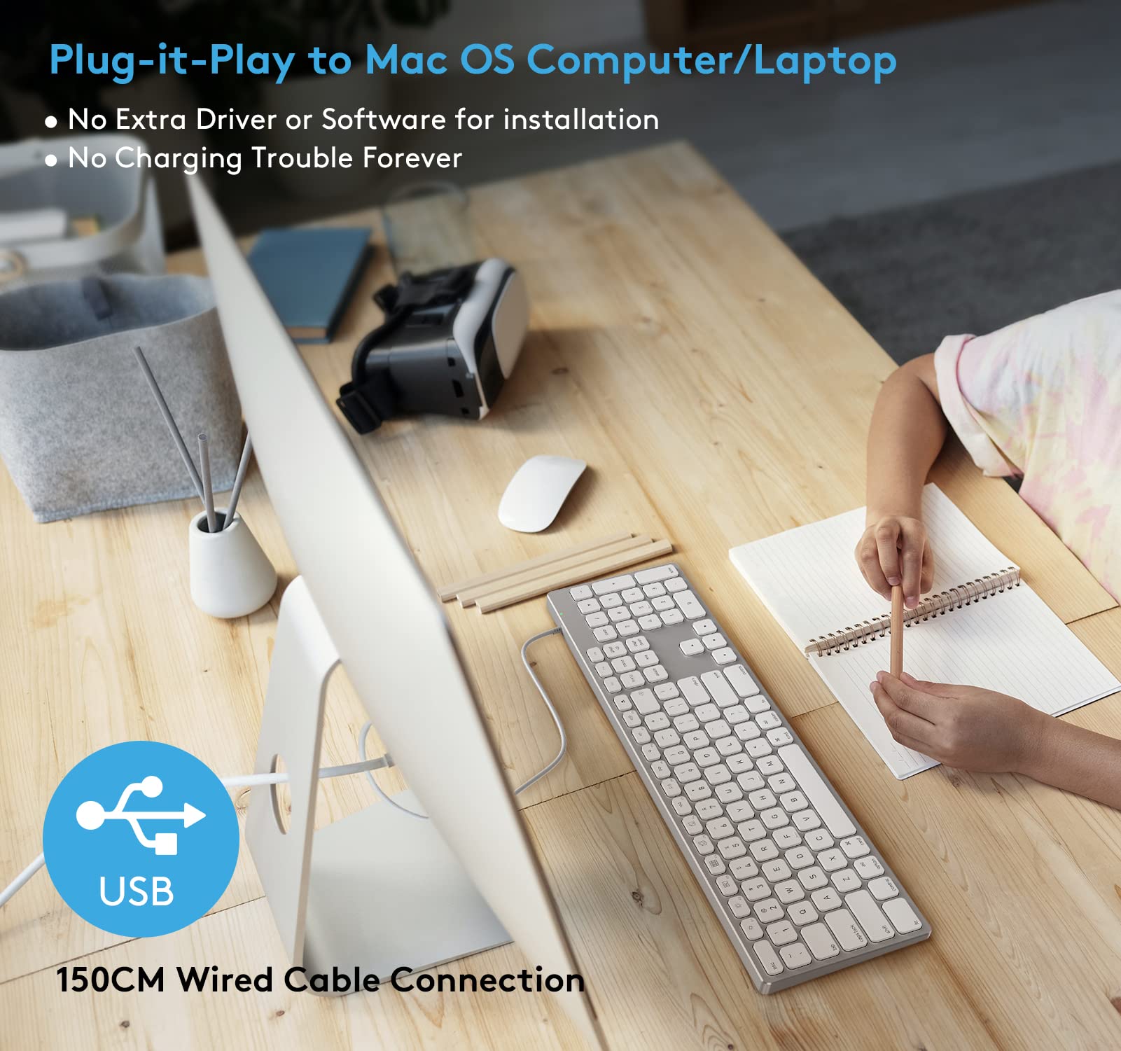 All-Aluminum Wired Keyboard for Apple Mac OS,Plug-n-Play Cable Connection in USB-A+C Port,Full Size USB Keyboard with Numeric Keypad for iMac/Mac Mini or MacBook Pro/Air Laptop