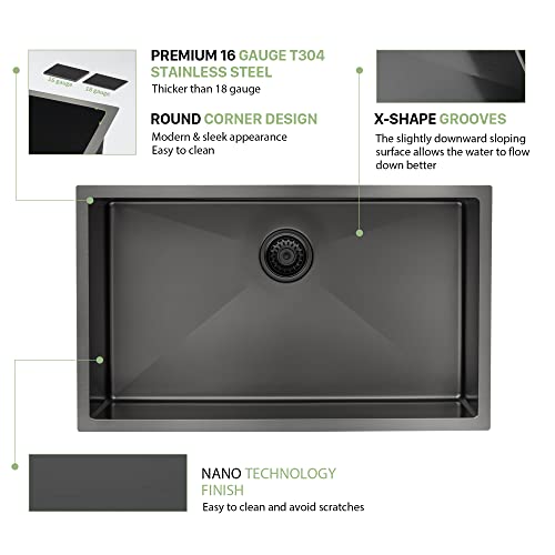 32 Inch Black Undermount Kitchen Sink - Beslend 32"x19"x10" Stainless Steel Gunmetal Black 16 Gauge 10 Inch Deep Single Bowl Basin