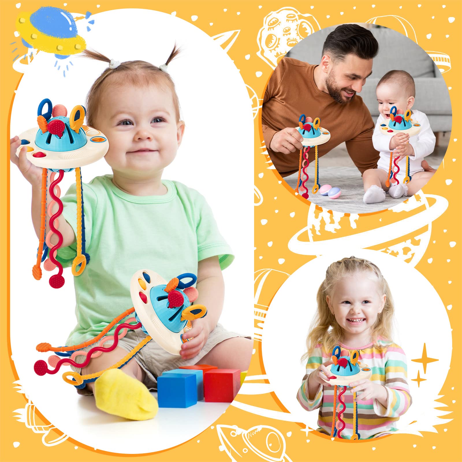 2 Pcs Silicone Pull String Interactive Toy UFO Silicone Pull Activity Toy Baby Montessori Toys Sensory Toys for Toddlers Early Development Learning Silica Gel Toy Fine Motor Skills