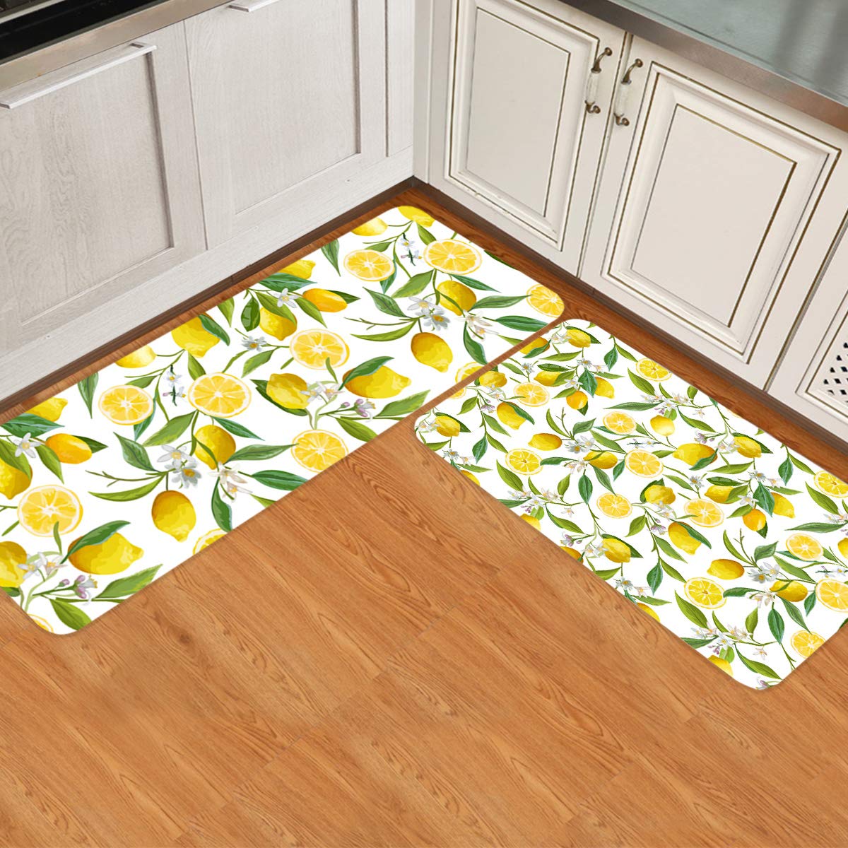 2 Piece Kitchen Mat Set,Summer Fruit Soft Rugs Cushioned Non Slip Area Rug Runner Carpet Water Absorbent Indoor Doormats Yellow Lemon Floal