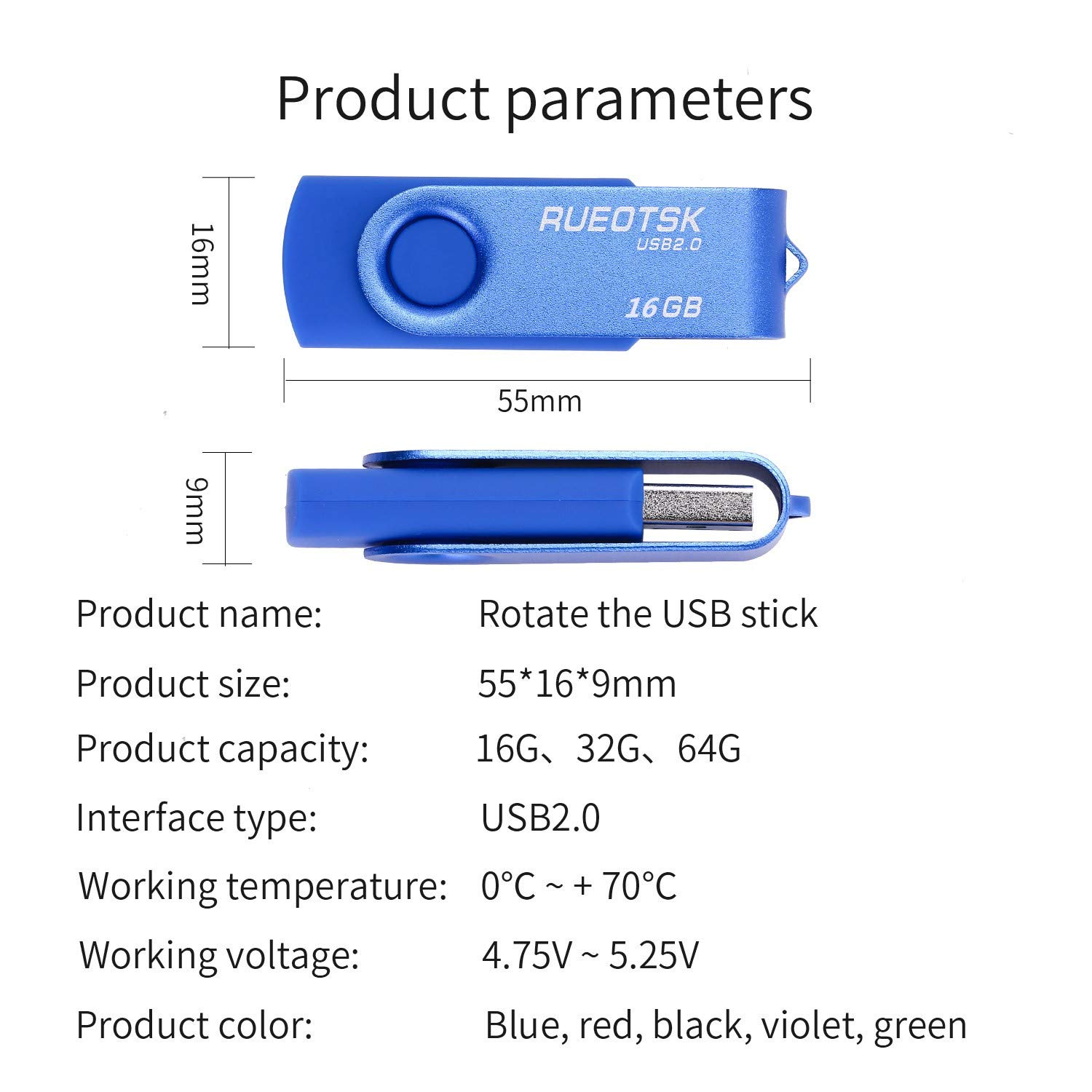 RUEOTSK USB Flash Drive 5 Pack 16GB Rotatable USB 2.0 Pen Drive Flash Memory Drive (Blue Red Purple Green Black) (XZ-5PCS-16G-002)