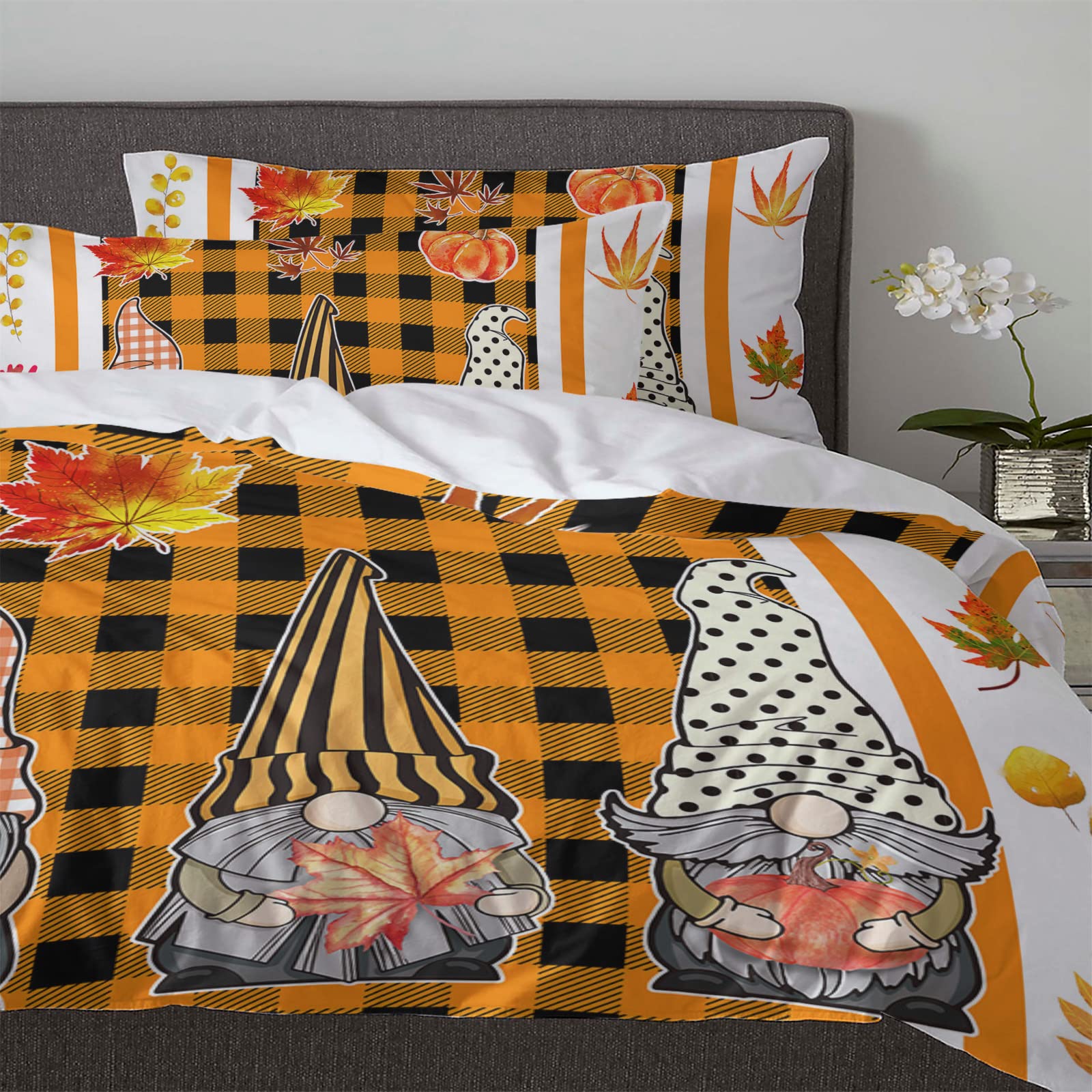 3 Pieces Bedding Set Queen Size, Fall Gnomes Soft Duvet Cover Set Comforter Cover Set with Zipper Closure All-Season Breathable Bedding Set Thanksgiving Orange Black Plaid Autumn Maple Leaf Pumpkin