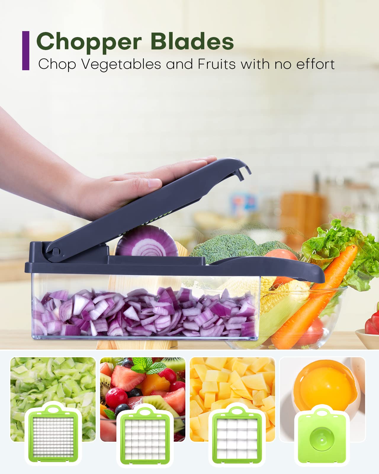 17-in-1 Vegetable Chopper with 9 Blades, Container and Drain Basket - For Veggies, Fruits, Onions, Potatoes, Carrots