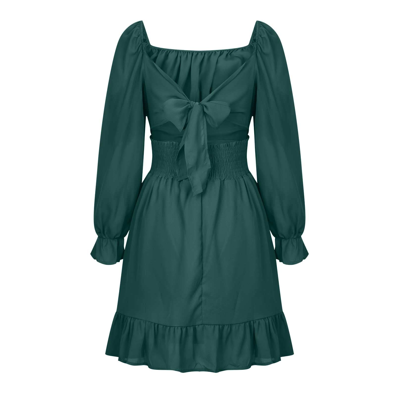 2023 Women's Dresses Tie Back Summer Dresses Long Lantern Sleeve Mini Dress Ruffle Elastic Waist Aline Dresses