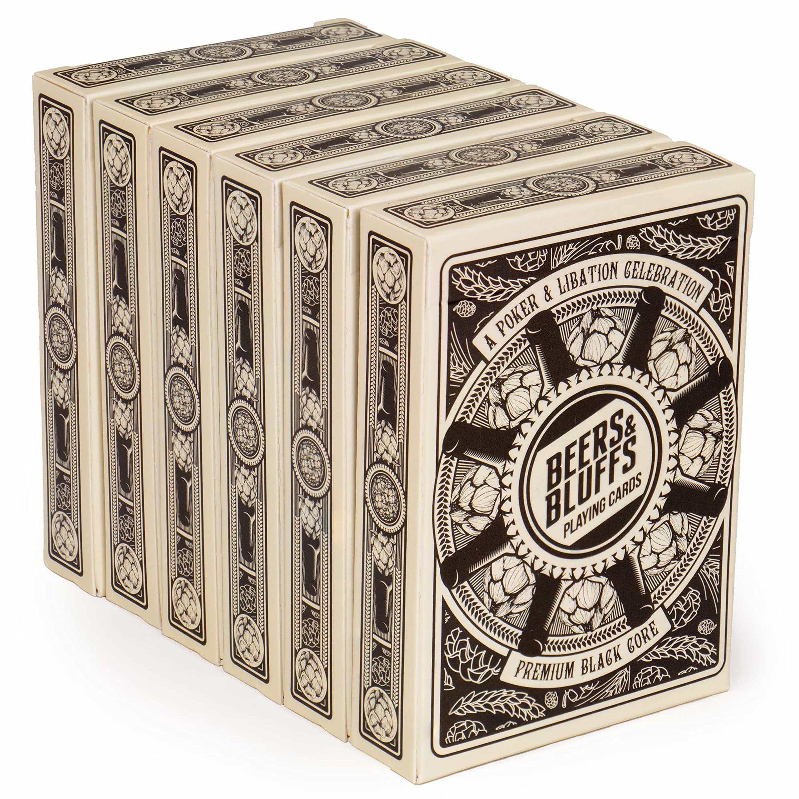 6 Decks Beers & Bluffs Craft Beer Themed Playing Cards | Cream Playing Cards with Custom Hop and Beer Bottle Card Art | Plastic-Coated 310gsm Black Core, Standard Index, Poker Size