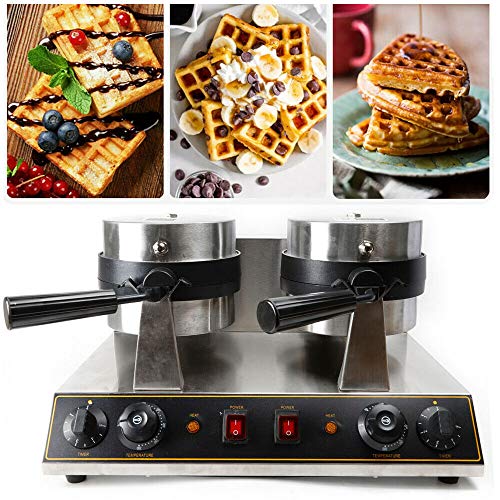 GUANG Commercial Waffle Maker, 2600W Double Head Stainless Steel Waffle Rotating Maker Machine Non-stick Round Waffle Cake Baker Pan