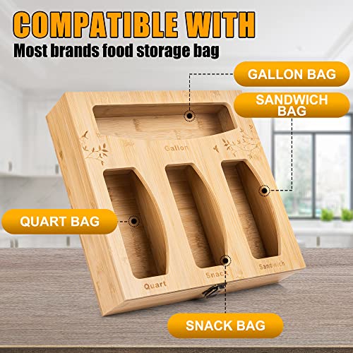 AKAT HOME Bamboo Ziplock Bag Storage Organizer & Baggie Dispenser for Kitchen Drawer β Wooden Zip Lock Container Holder Wall Gallon,Sandwich,Snack,Quart (Flip, Engraved, - M1)