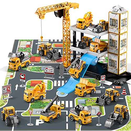 TEMI Construction Vehicles Toy for Boys, 60PCS Kids Engineering Trucks Vehicle w/Tractor, Crane, Dump, Excavator and Map, Birthday Gift Toys for 3 4 5 6 7 Year Old Boys Children Toddlers
