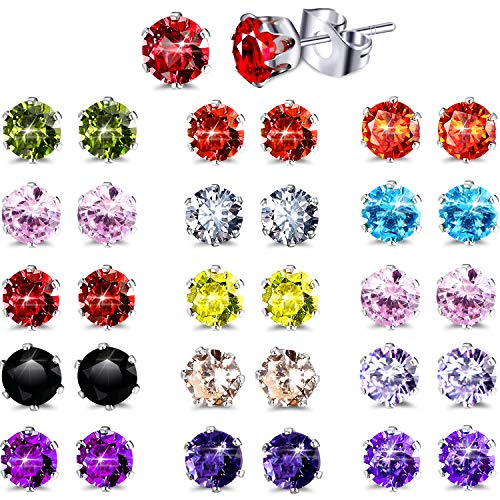 15 Pairs Stainless Steel CZ Stud Earrings for Women Hypoallergenic Cubic Zirconia Stud Earrings Sterling Birthstone Stud Earrings Set Multipack (10 mm)