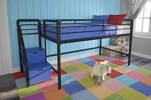 DHP Junior Twin Metal Loft Bed with Storage Steps, Space-Saving Solution, Multifunctional, Black with Blue Steps & Fire Department Design Curtain Set for Junior Loft Bed, Kids Furniture, Blue