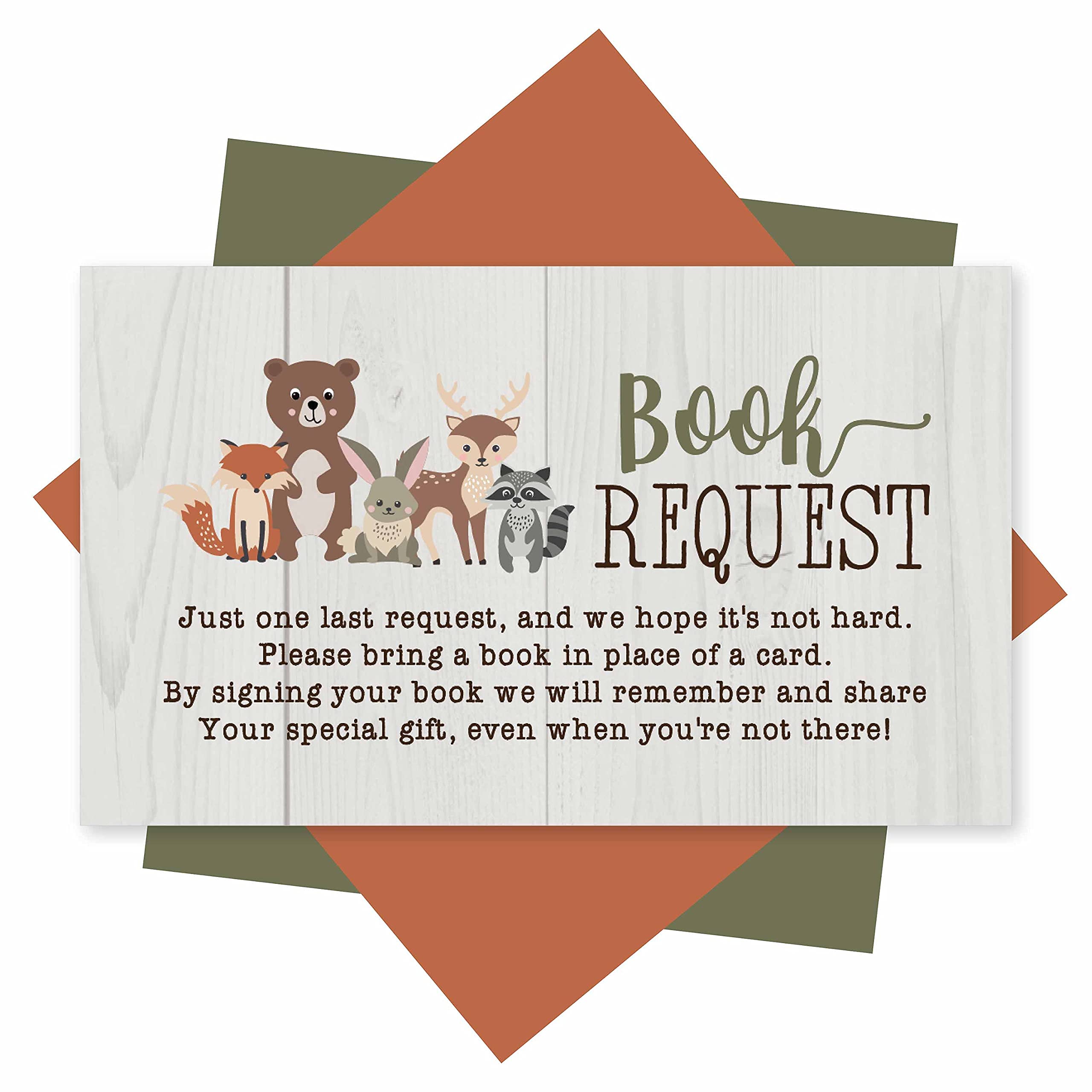 Hadley Designs 25 Cute Rustic Woodland Forest Invitations, 25 Books for Request Cards, Sprinkle Invite for Toddlers, Bring A Book Instead Of A Car, Invitation Inserts for Baby Shower