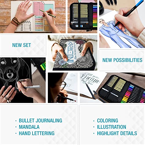 All-in-One Artist Drawing Pens Set -16 Dual Tip Brush Pens, 3 Calligraphy Pens, 10 Drawing Pens, Ruler, White Ink Pen, Mechanical Pencil, Sketch Pad Perfect for Coloring Journaling Planner Projects