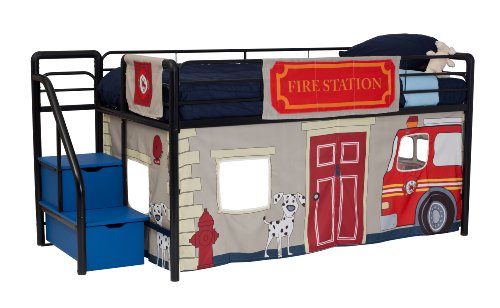 DHP Junior Twin Metal Loft Bed with Slide, Multifunctional Design, Silver with Blue Slide & Fire Department Design Curtain Set for Junior Loft Bed, Kids Furniture, Blue