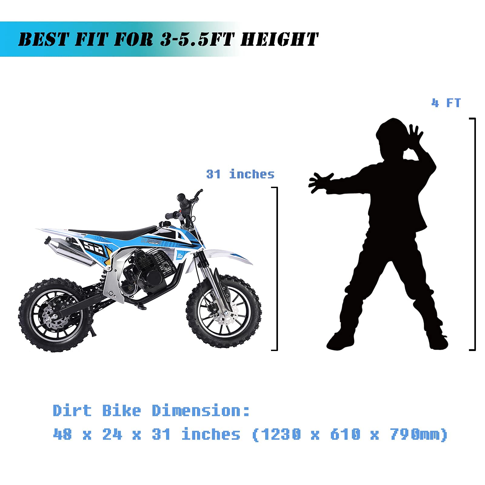 Aluminum Frame 52CC 2-Stroke Kids Dirt Off Road Mini Dirt Bike, Gas Motorcycle for Age 8 and Up (Not CA Compliant)