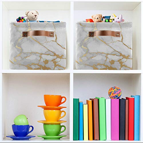 AUUXVA White Gold Marble Storage Basket Bin Large Fabric Toys Storage Cube Box with Handles Collapsible Closet Shelf Cloth Organizer Basket Set of 2 for Nursery Bedroom