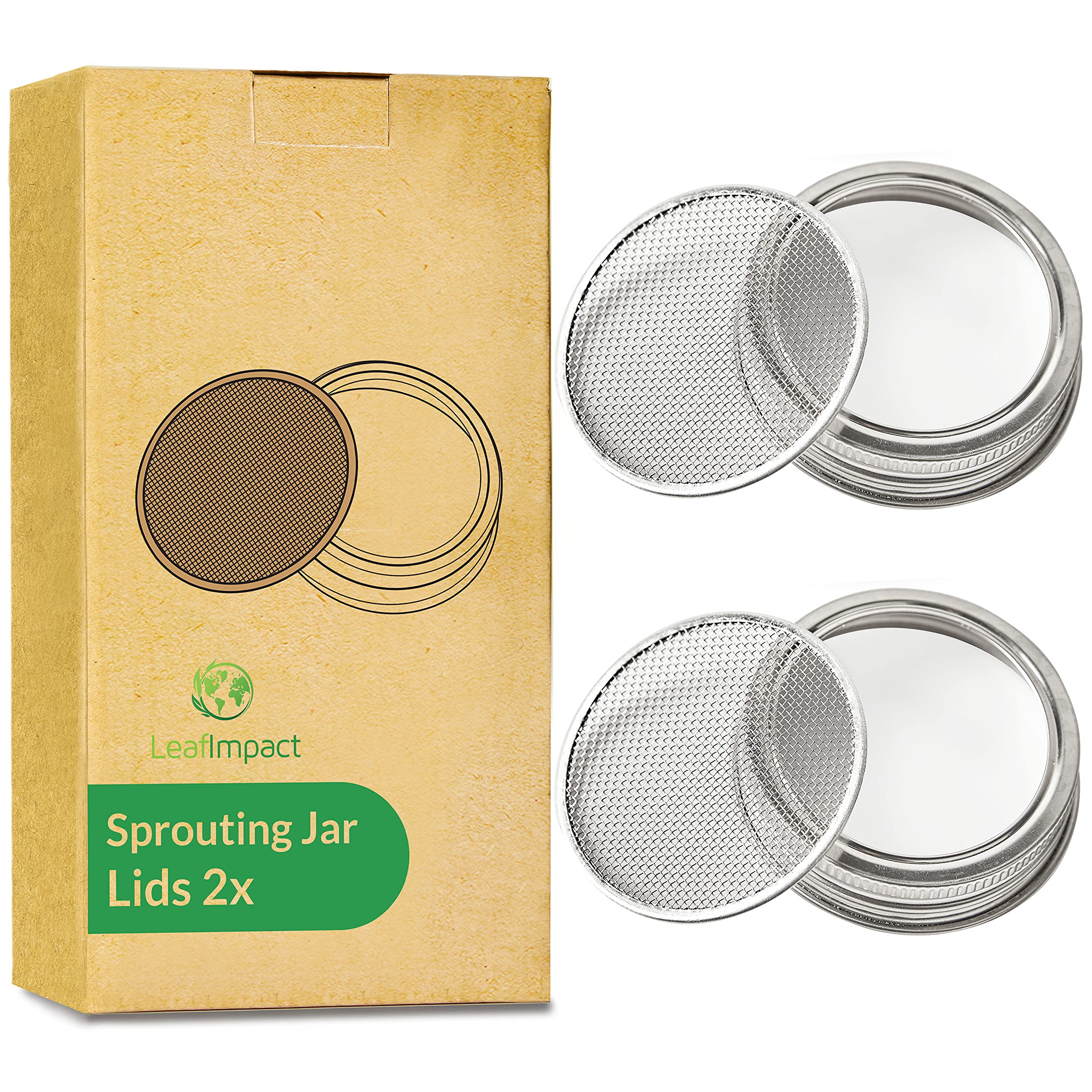 2 Pack Seed Sprouting Jar Lids | For 3.38" Wide Mouth Mason Jars | Fresh Sprouts at Home | Strainer Screen for Canning Jars | 304 Stainless Steel Lid for Growing Broccoli, Alfalfa, Beans & More