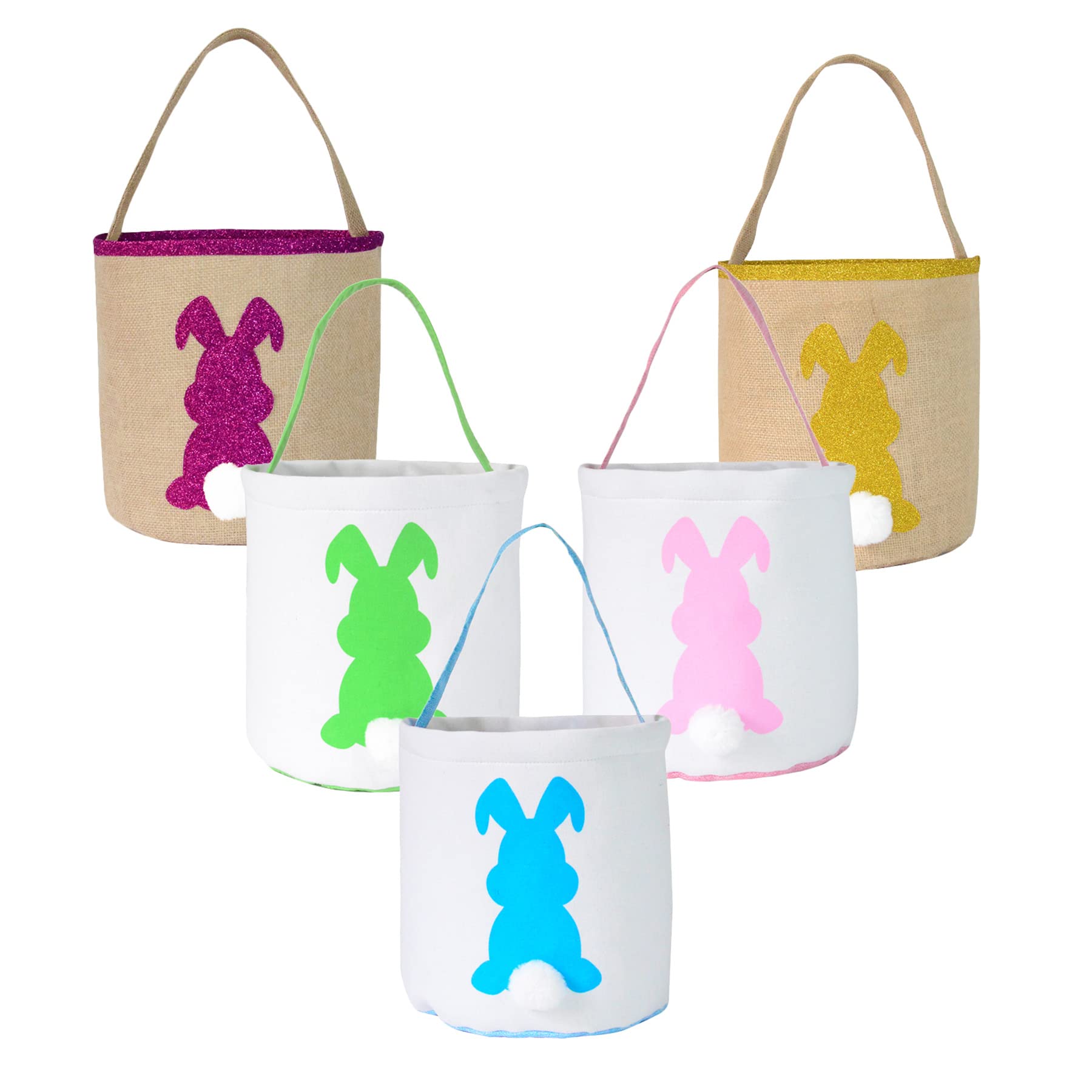5 Pcs Easter Bunny Basket Bags, Canvas Easter Tote Bags for Kids Gift Bunny Ear Tote Bags Rabbit Ears Design Baskets for Kid's Egg Hunting Party Decoration Toys