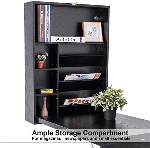 Nightcore Wall Mounted Table w/Classified Storage Space, Foldable Multiple-Purpose Desk, Sturdy Wood Structure, Floating Convertible Desk/Cabinet for Apartment, Narrow Place and Limited Room (Black)