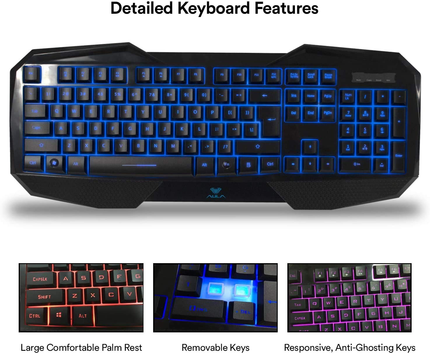 Beastron SI-859 Wired RGB Backlit Gaming Keyboard, LED 104 Keys USB Ergonomic Wrist Rest Spill-Resistant Design, Ultra-Slim Quiet Mechanical Feeling Keyboard for Windows PC Gamers, Black