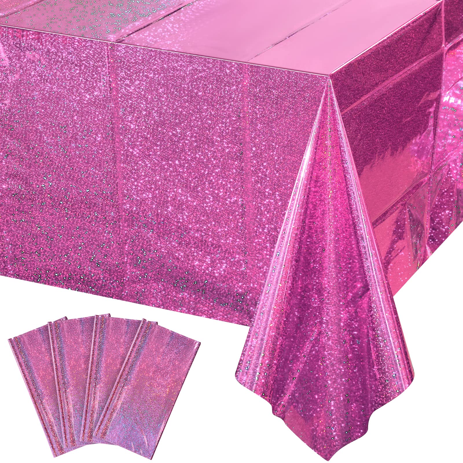 4 Pack Iridescence Plastic Tablecloths Shiny Disposable Laser Rectangle Table Covers Holographic Foil Tablecloth Iridescent Party Decoration Birthday Bridal Wedding Christmas 54" x 108" (Pink)
