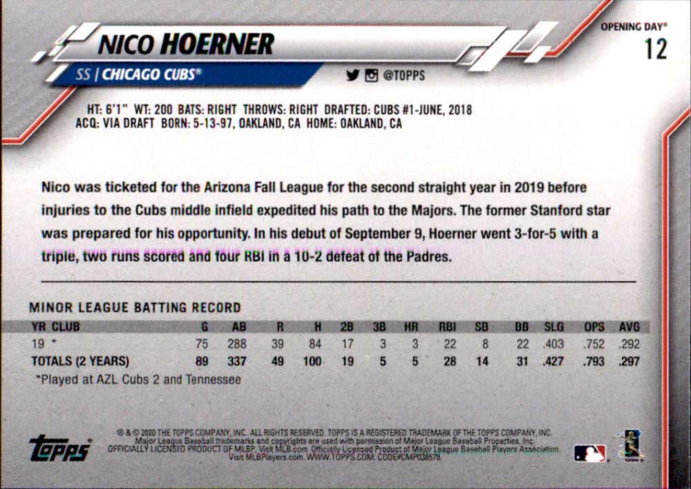 2020 Topps Opening Day #12 Nico Hoerner RC Rookie Chicago Cubs MLB Baseball Trading Card