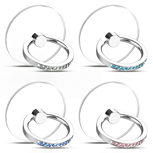 4 Pcs KutumyQC Cell Phone Ring Holder Stand Diamond Transparent Finger Grip Clear 360° Degree Rotation Kickstand Compatible iPhones and All Phones (Silver Pink Blue Aquamarine)